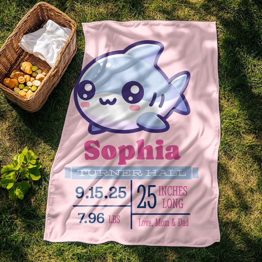 Personalized Baby Shark Blanket: Custom Birth Stats, Fleece or Sherpa ...