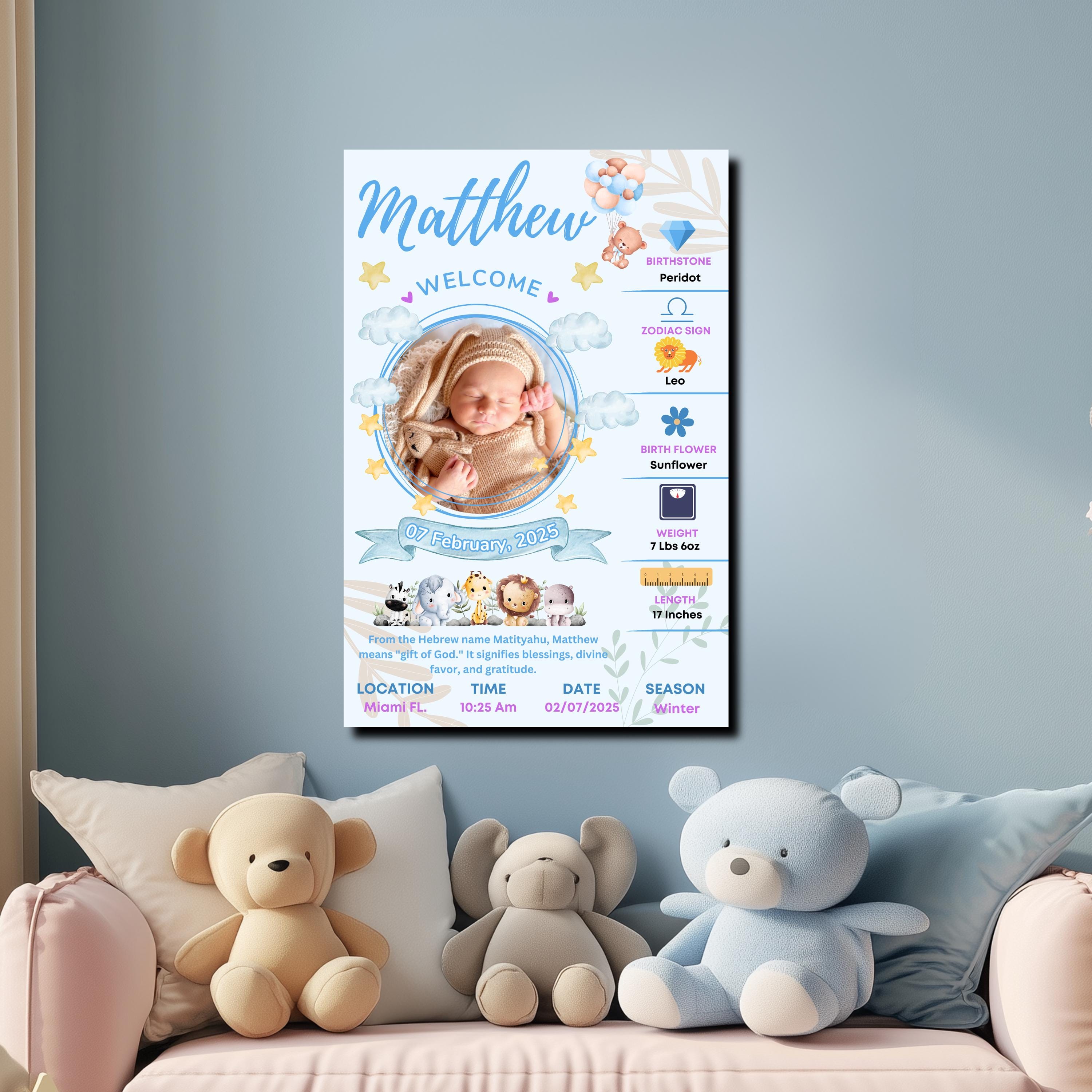 Personalized Name Baby Birth Chart Canvas Custom Newborn Stats Wall Art ...