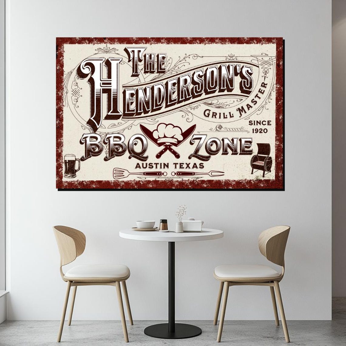 Personalized BBQ Zone Canvas Sign | Vintage Family Name Wall Art - Etsy