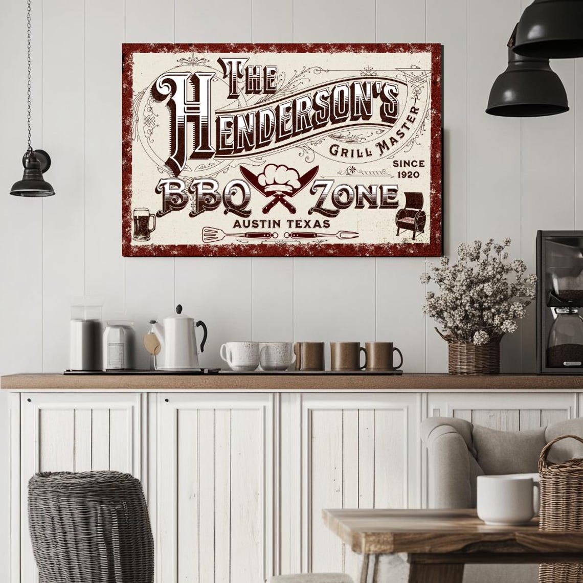 Personalized BBQ Zone Canvas Sign | Vintage Family Name Wall Art - Etsy