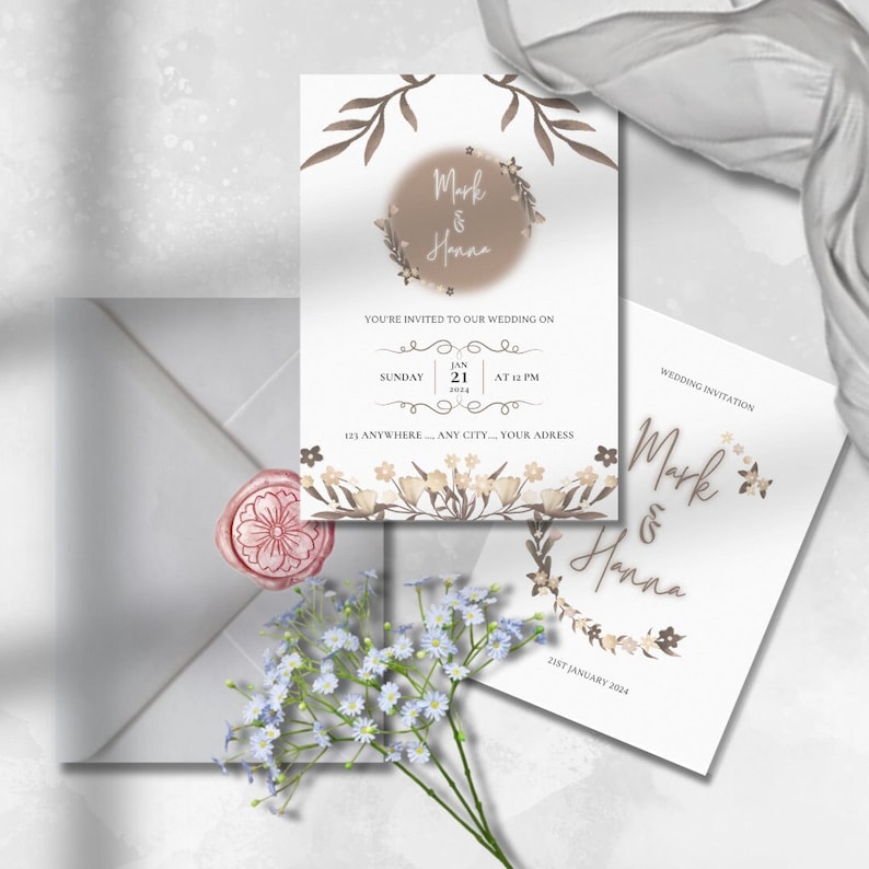Floral Wedding Invitation Template: Beige & Brown Printable Invite - Etsy