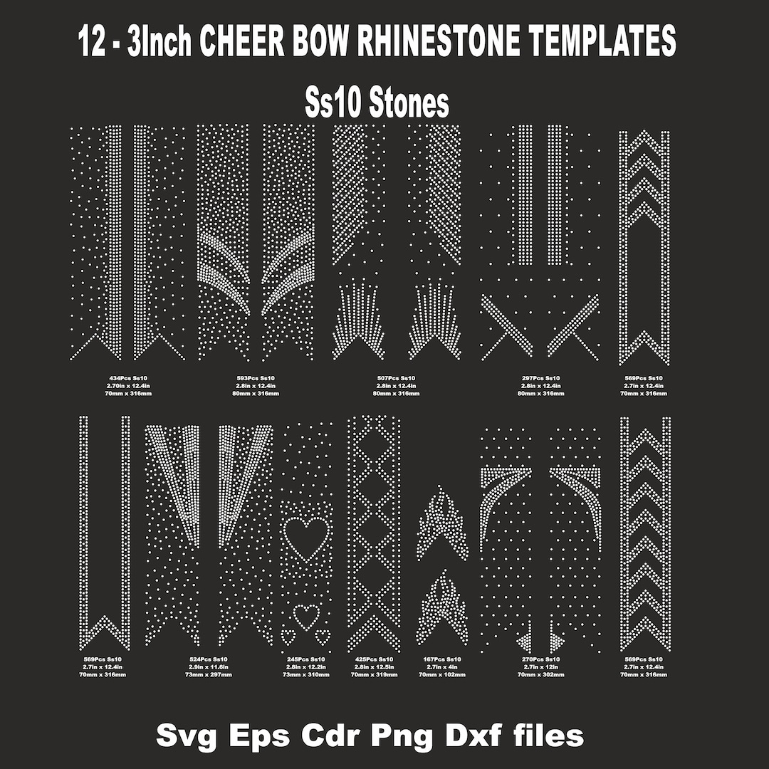 12 Cheer Bow 3 Inch Rhinestone Templates, Ss10 Rhinestones, V Tail, 3 ...