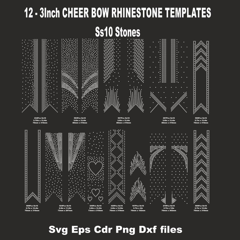 12 Cheer Bow 3 Inch Rhinestone Templates, Ss10 Rhinestones, V Tail, 3 ...