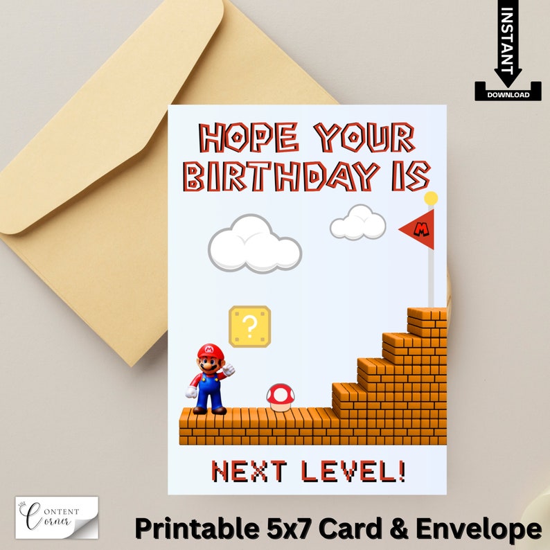 Mario Birthday Card & Envelope, Instant Download - Etsy