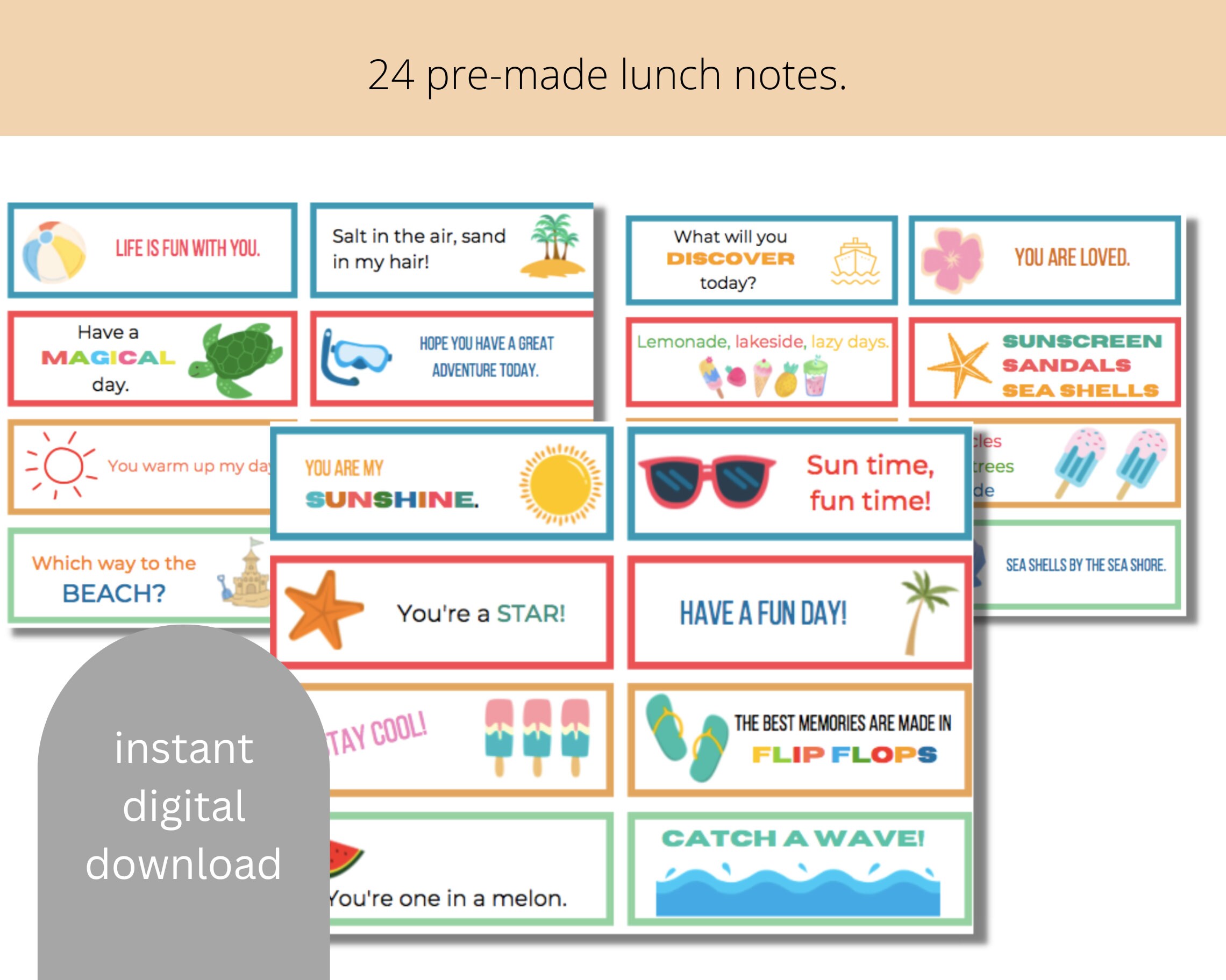 Summer Themed Lunch Notes for Kids, Printable Lunch Box Notes, Kindness ...