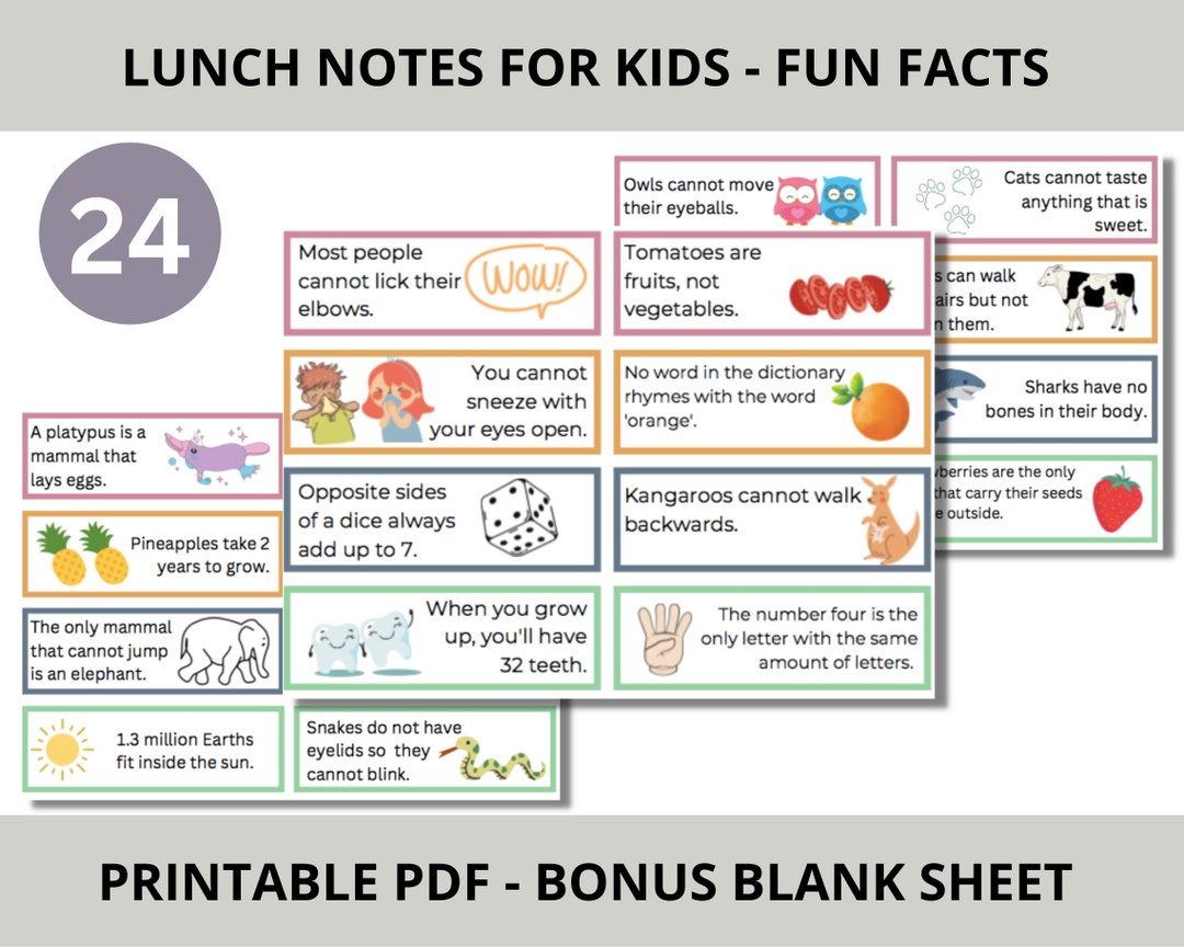 Printable Lunch Notes for Kids, Fun Facts, Printable Lunch Box Notes ...