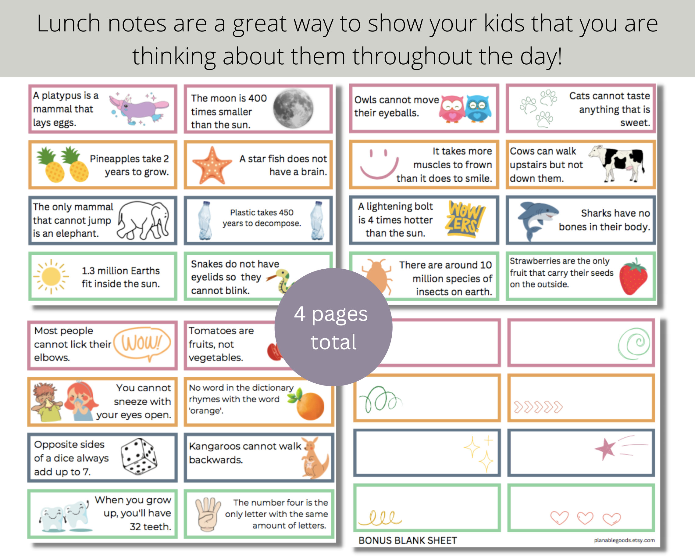 Printable Lunch Notes for Kids, Fun Facts, Printable Lunch Box Notes ...