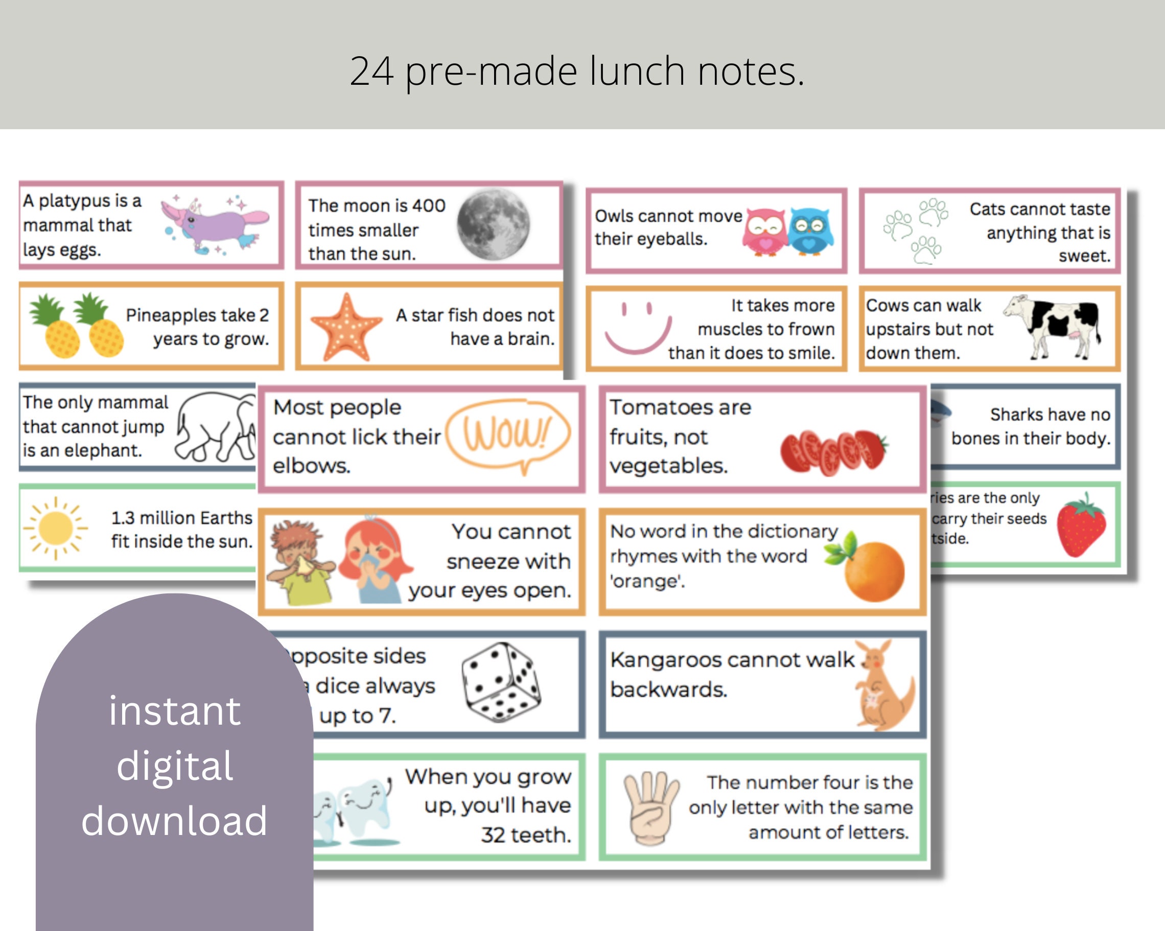 Printable Lunch Notes for Kids, Fun Facts, Printable Lunch Box Notes ...