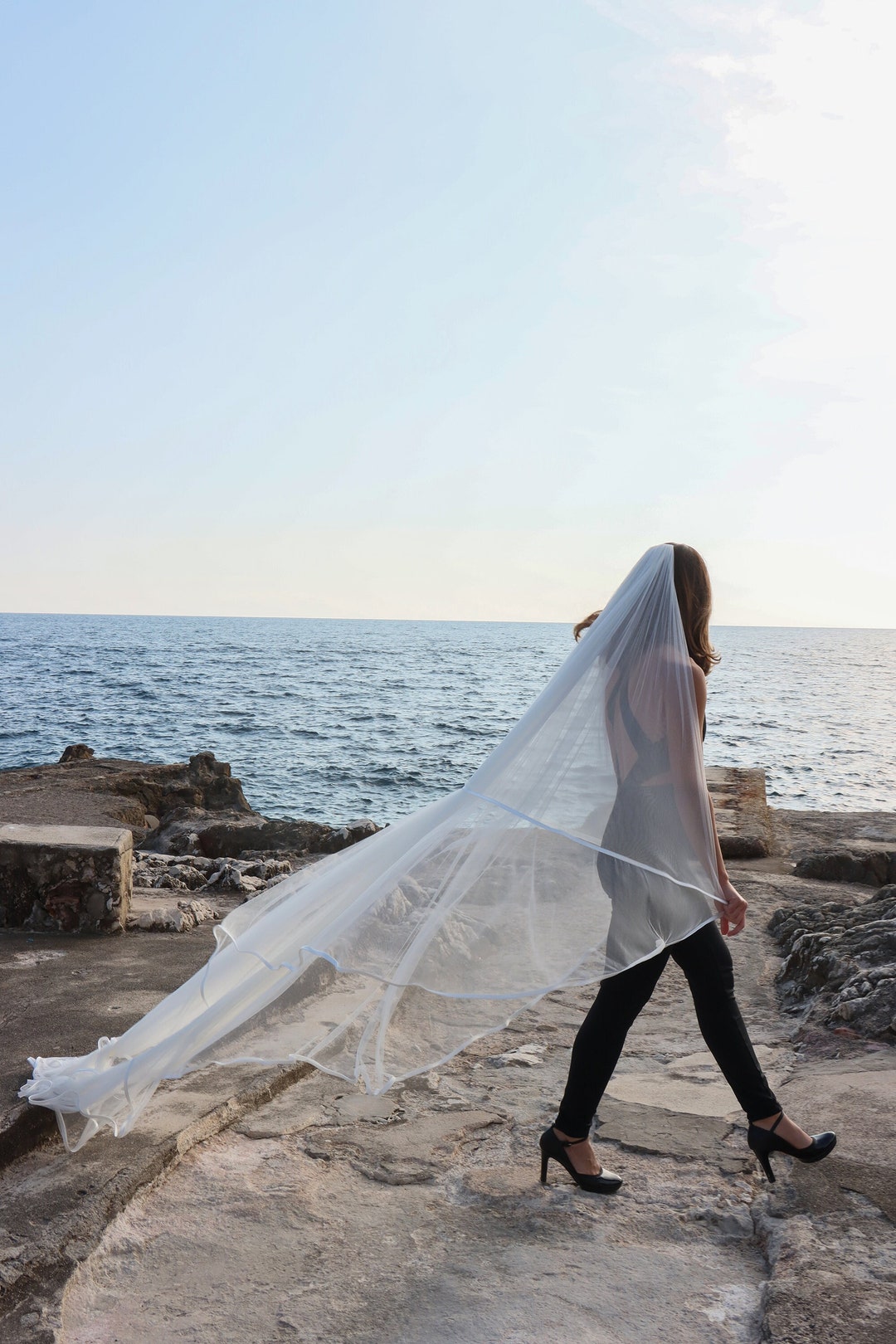 LONG WEDDING VEIL, Ivory Color Veil, Tulle Bridal Veil, Satin Bias Veil ...