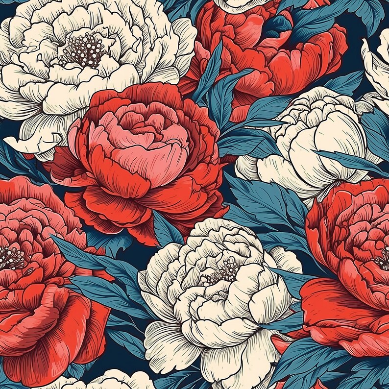 Peonies Red White and Blue Seamless Pattern Digital Print - Etsy