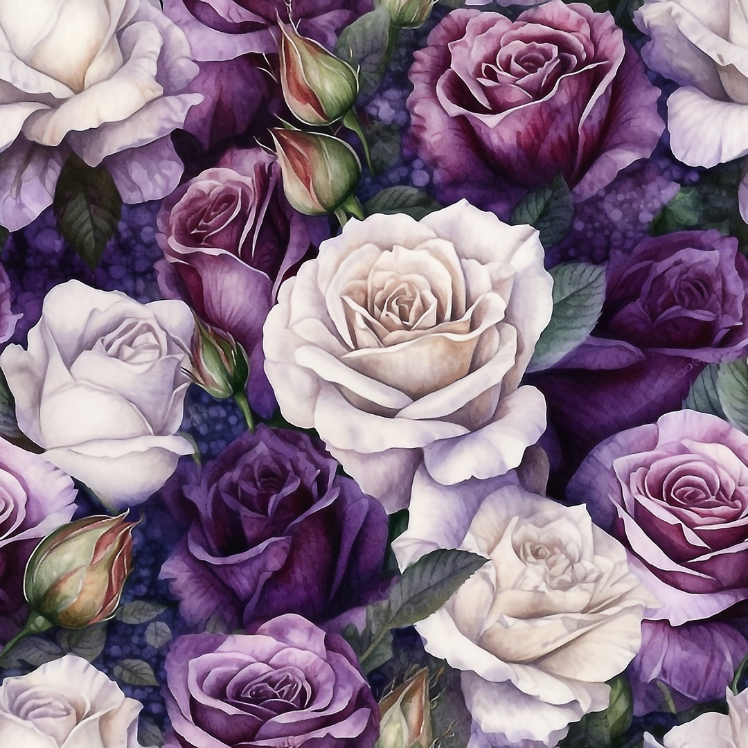 Flowers, Roses, White,purple, Seamless Pattern, Digital Print, Instant ...