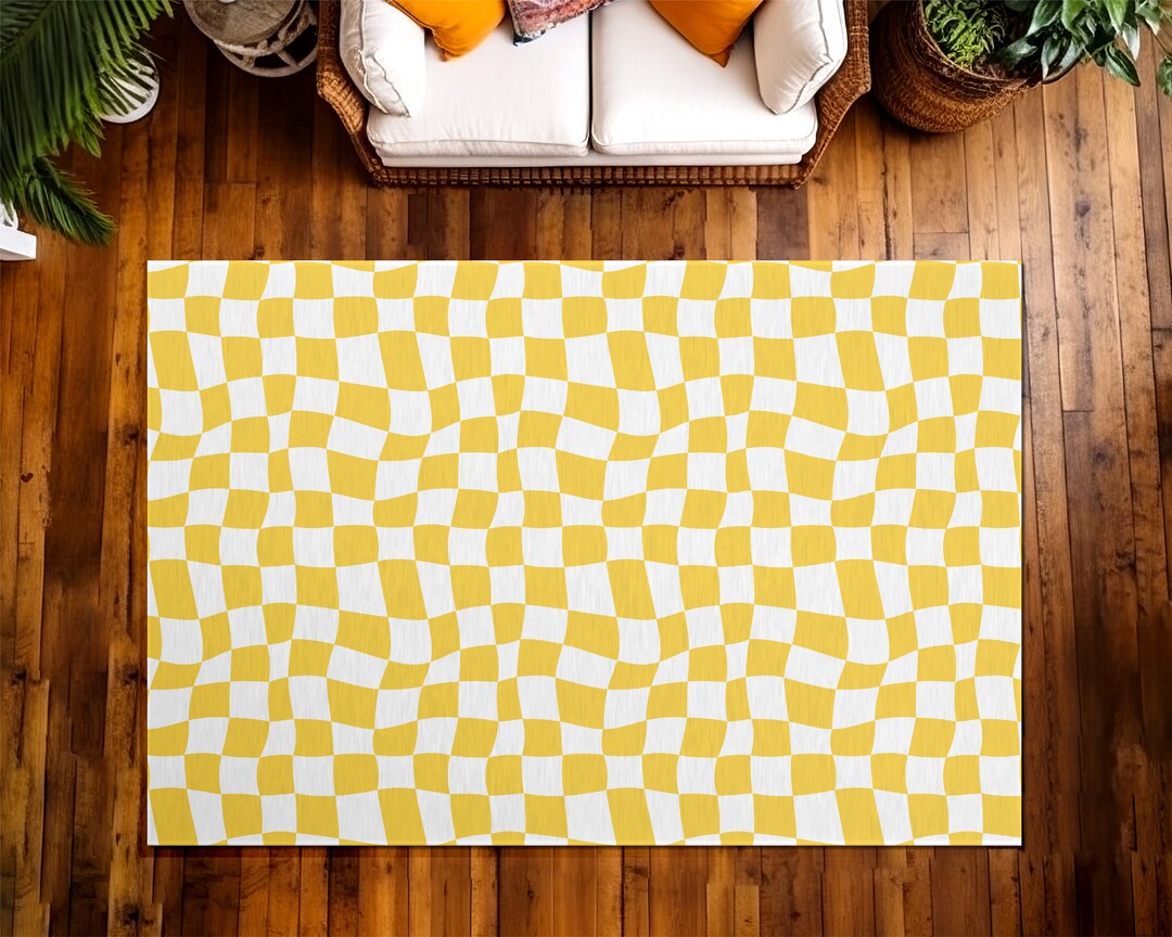 Yellow & White Wavy Checkered Area Rug, Indoor Outdoor Carpet, Retro ...