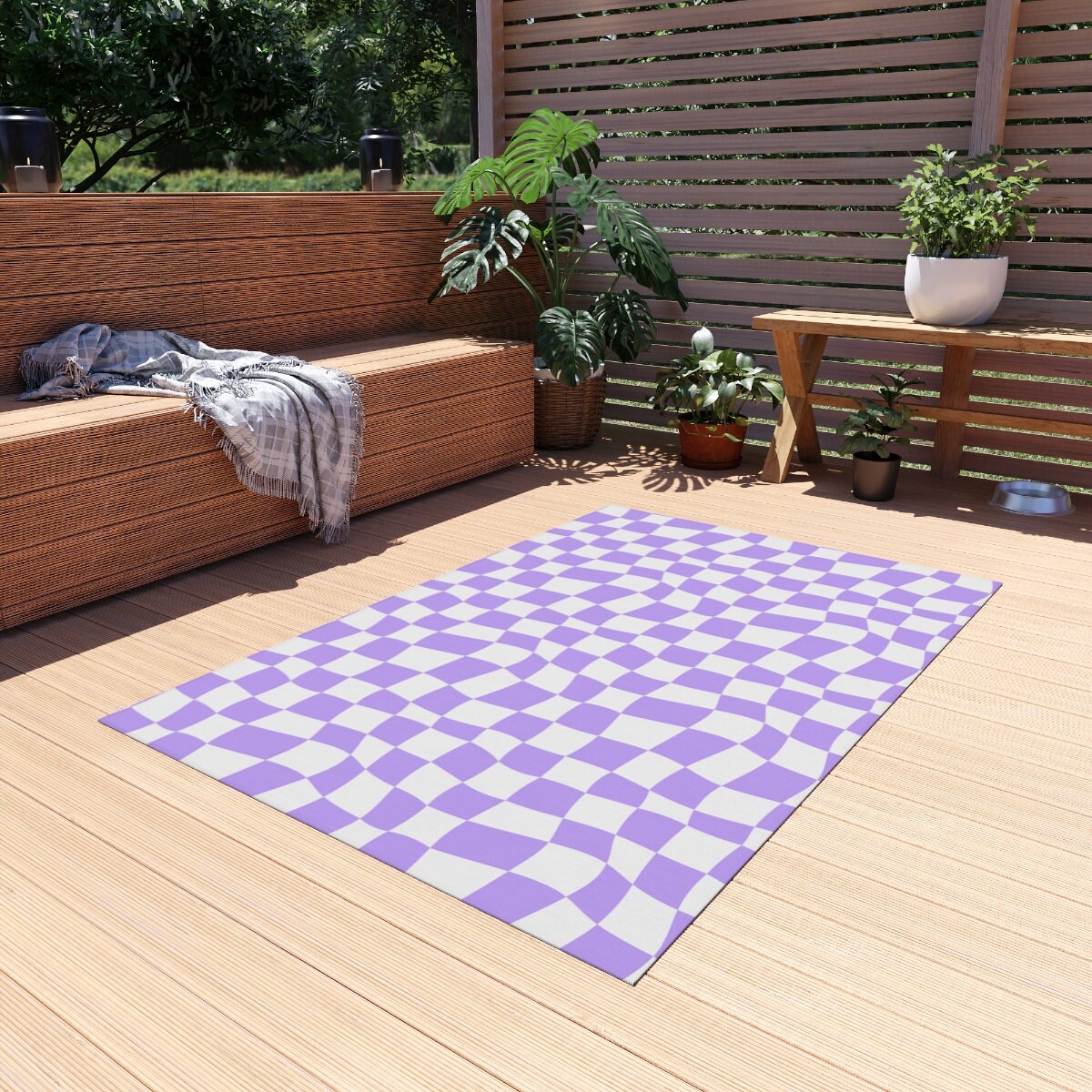 Purple & White Wavy Checkered Area Rug, Indoor Outdoor Carpet, Retro ...