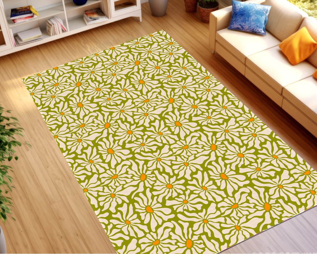 Groovy Flowers Area Rug, Indoor Outdoor Carpet, Hippie Retro Green ...