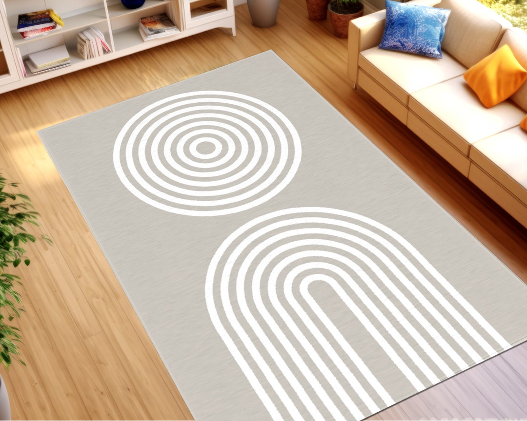 Minimalist Mid Century Modern Retro Rug, Neutral Tones Gray Boho Home ...