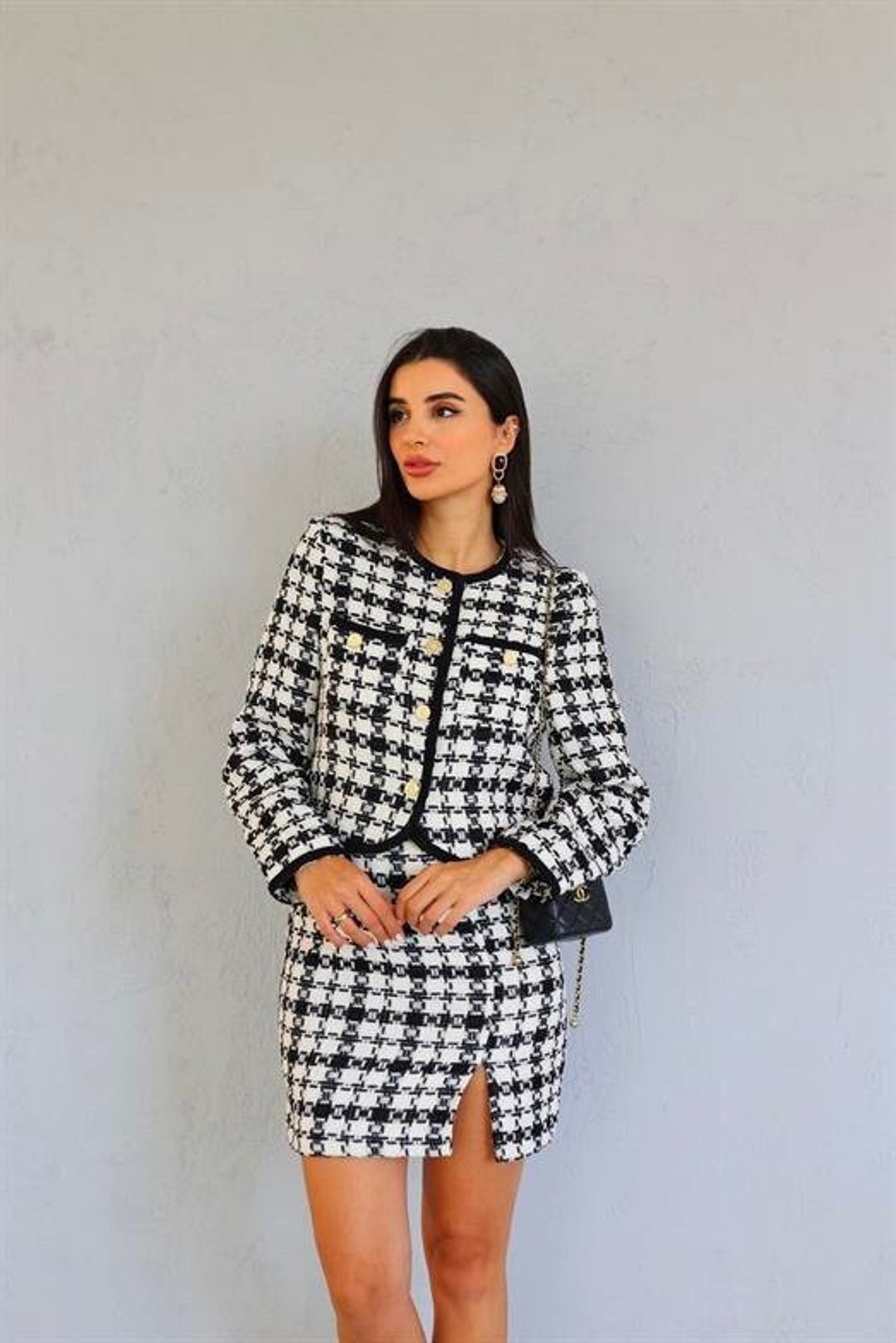 Black Tweed Blazer Jacket and Skirt, Tweed Jacket Matching Skirt, Tweed ...