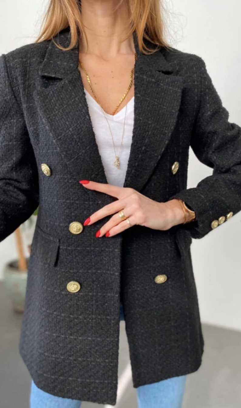 Black Tweed Jacket Women, Boucle Jacket, Long Tweed Blazer, Boucle Long ...