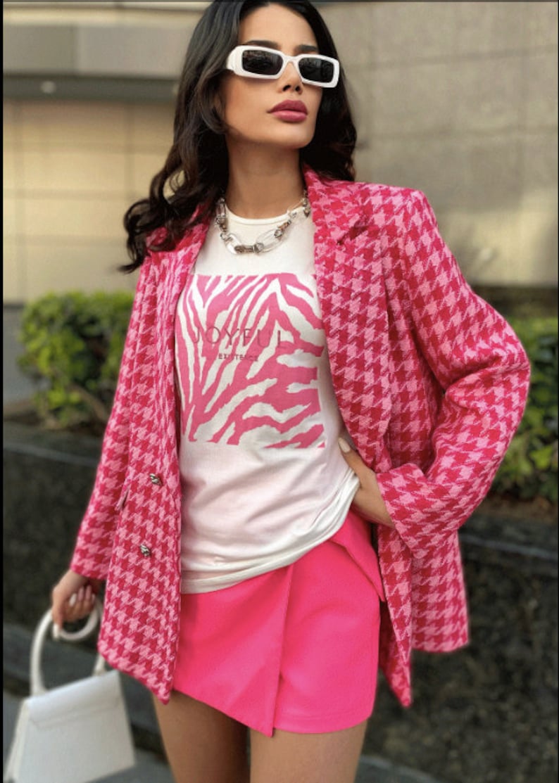 Pink Tweed Blazer Women, Tweed Jacket, Tweed Jacket Korean, Plaid ...