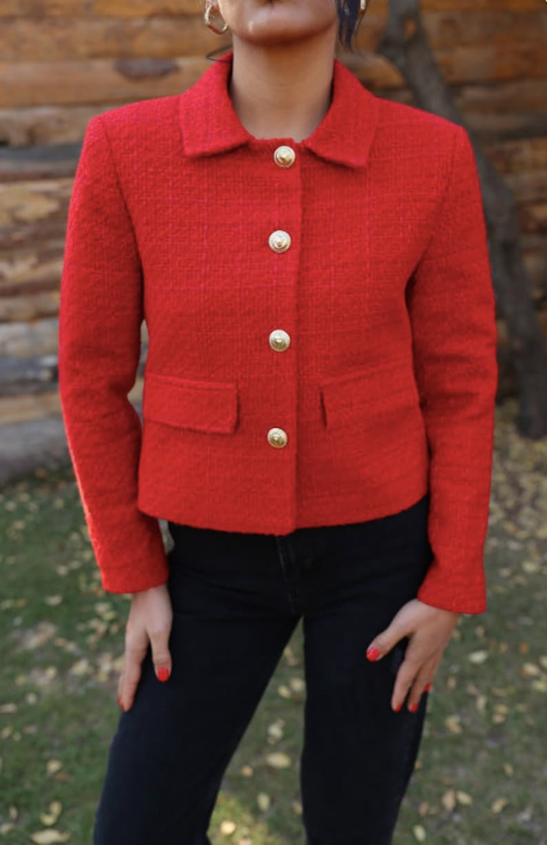 Red Tweed Jacket Women, Fall Tweed Blazer Women, Tweed Short Coat ...