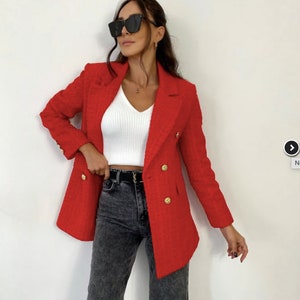 Red Tweed Jacket Women, Boucle Jacket, Long Tweed Blazer, Boucle Long ...