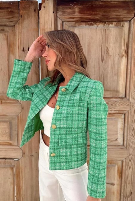 Green Tweed Jacket Women, Boucle Blazer, Korean Jacket, Plaid Blazer ...