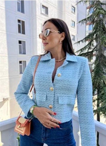 Blue Tweed Jacket Women, Tweed Blazer Women, Tweed Short Coat Jacket ...