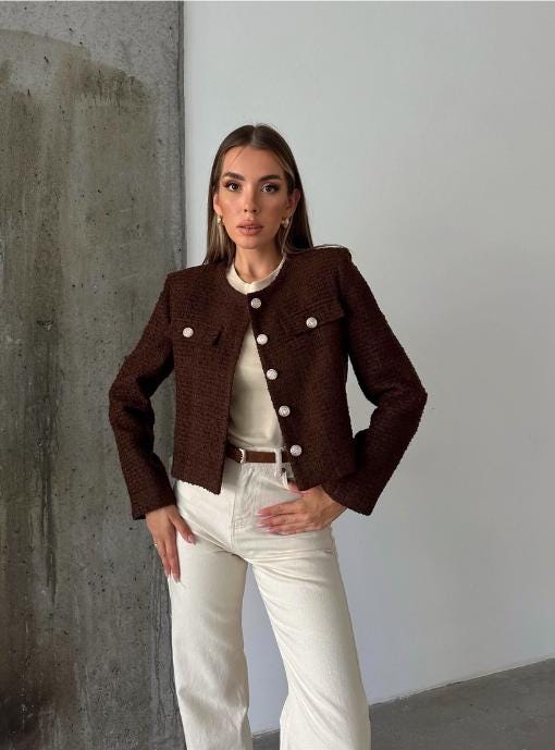 Brown Tweed Jacket Women, Tweed Blazer Women, Tweed Short Coat Jacket ...