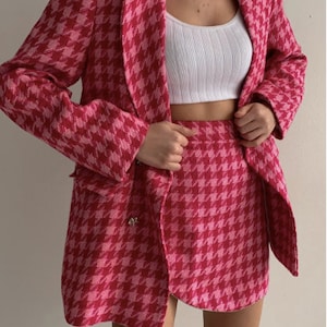 Pink Tweed Blazer Women, Tweed Jacket, Tweed Jacket Korean, Plaid ...