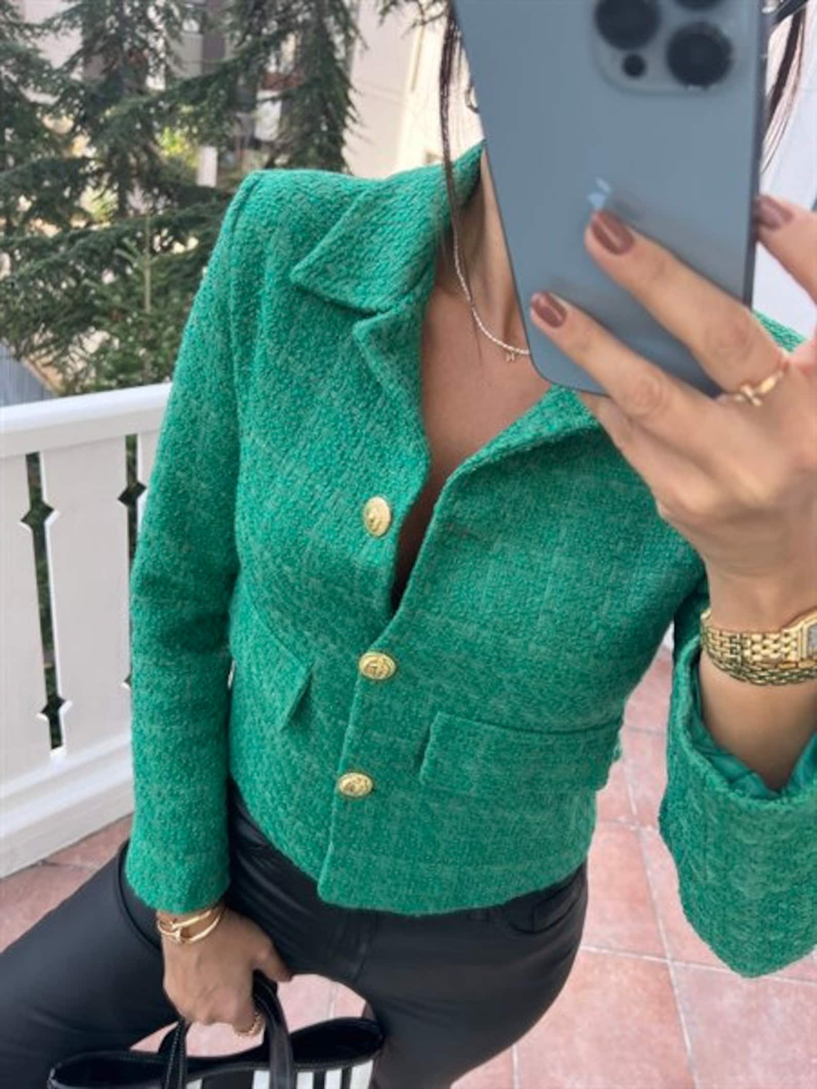 Green Tweed Blazer Jacket Women, Korean Jacket, Tweed Short Coat Jacket ...