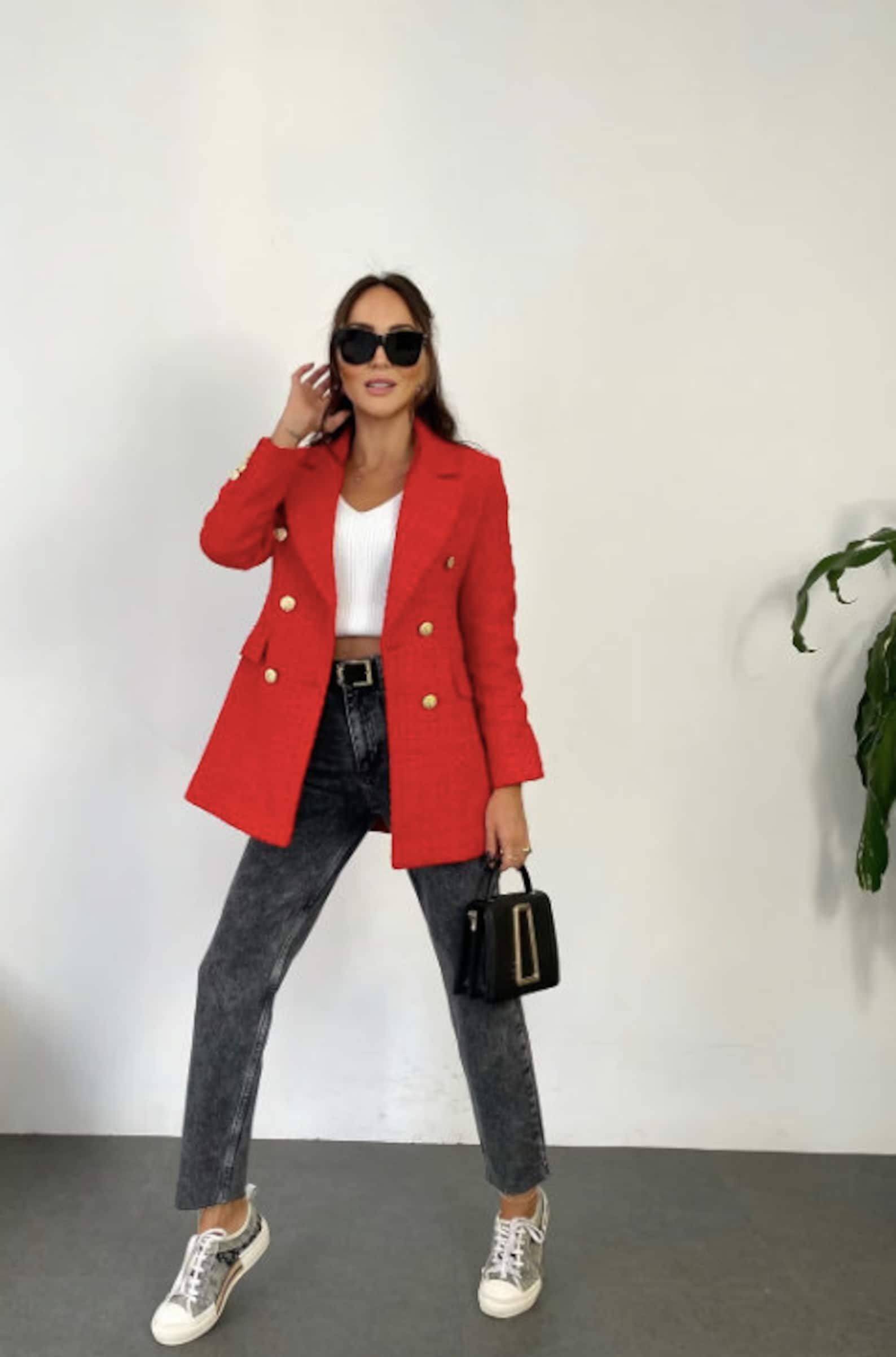 Red Tweed Jacket Women, Boucle Jacket, Long Tweed Blazer, Boucle Long ...