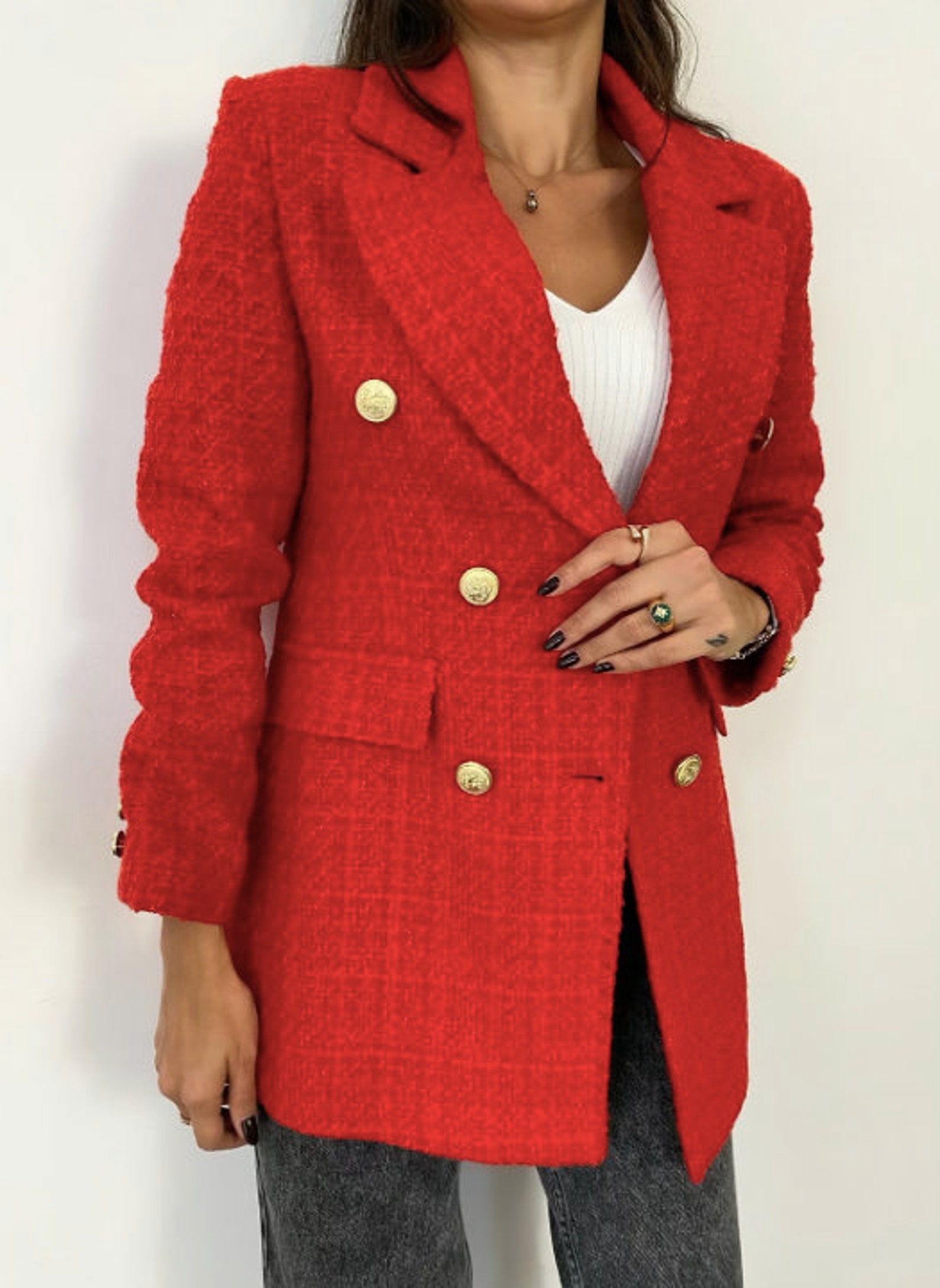 Red Tweed Jacket Women, Boucle Jacket, Long Tweed Blazer, Boucle Long ...