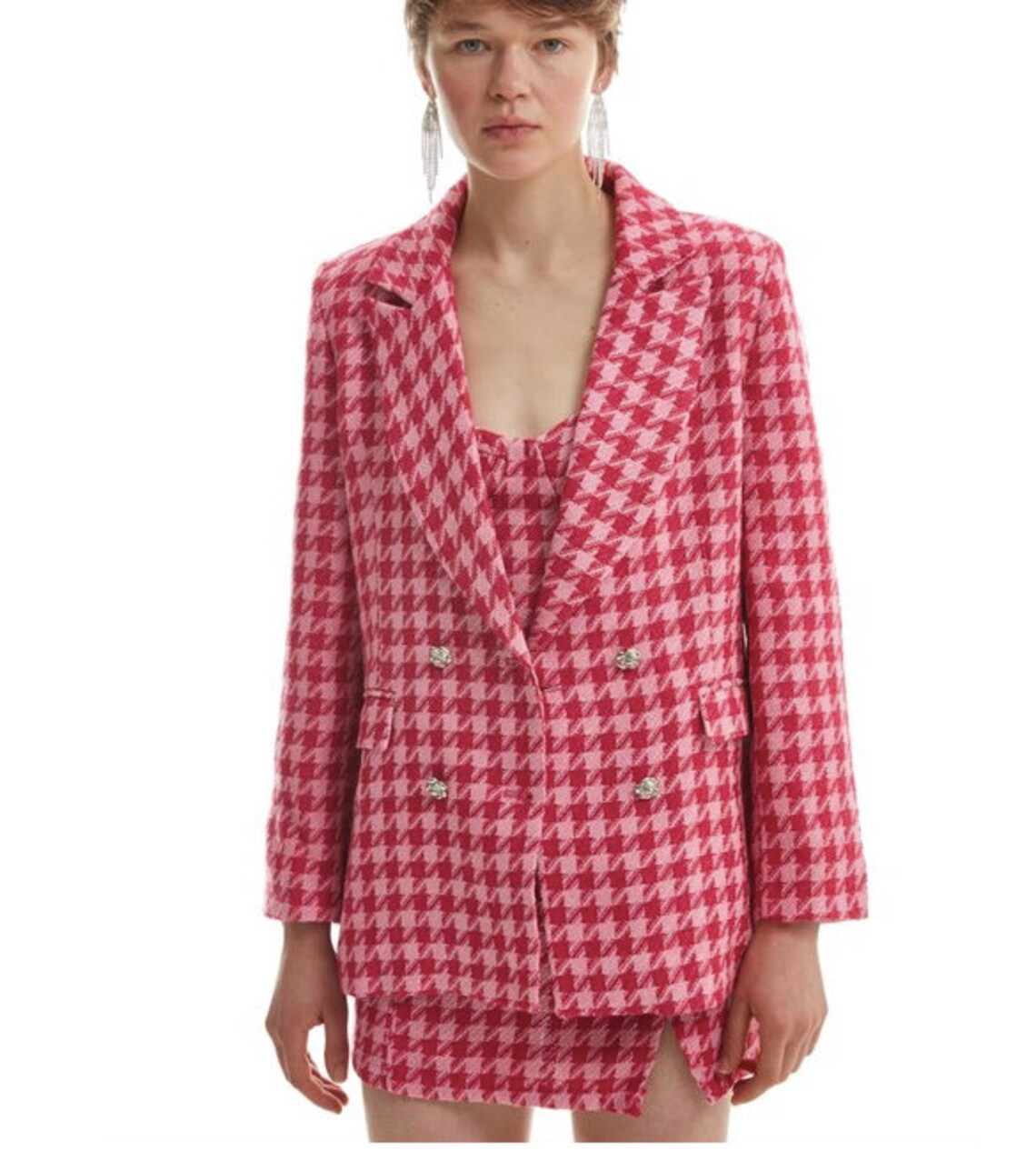 Pink Tweed Blazer Women, Tweed Jacket, Tweed Jacket Korean, Plaid ...