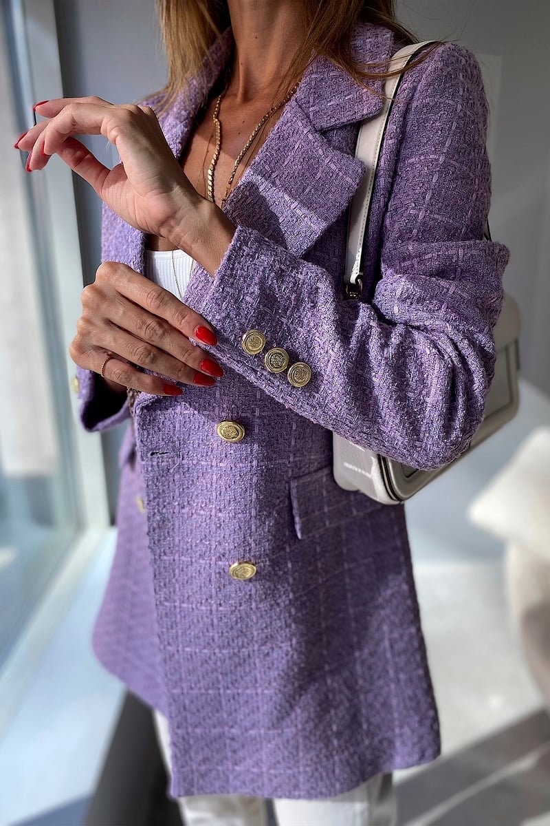 Purple Tweed Jacket Women Tweed Blazer Women Double Breasted Blazer