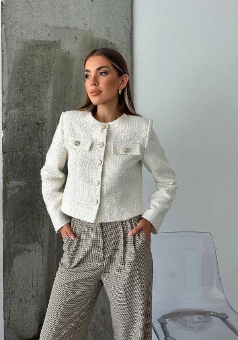 White Tweed Jacket Women, Cream Tweed Blazer Women, Beige Tweed Short ...