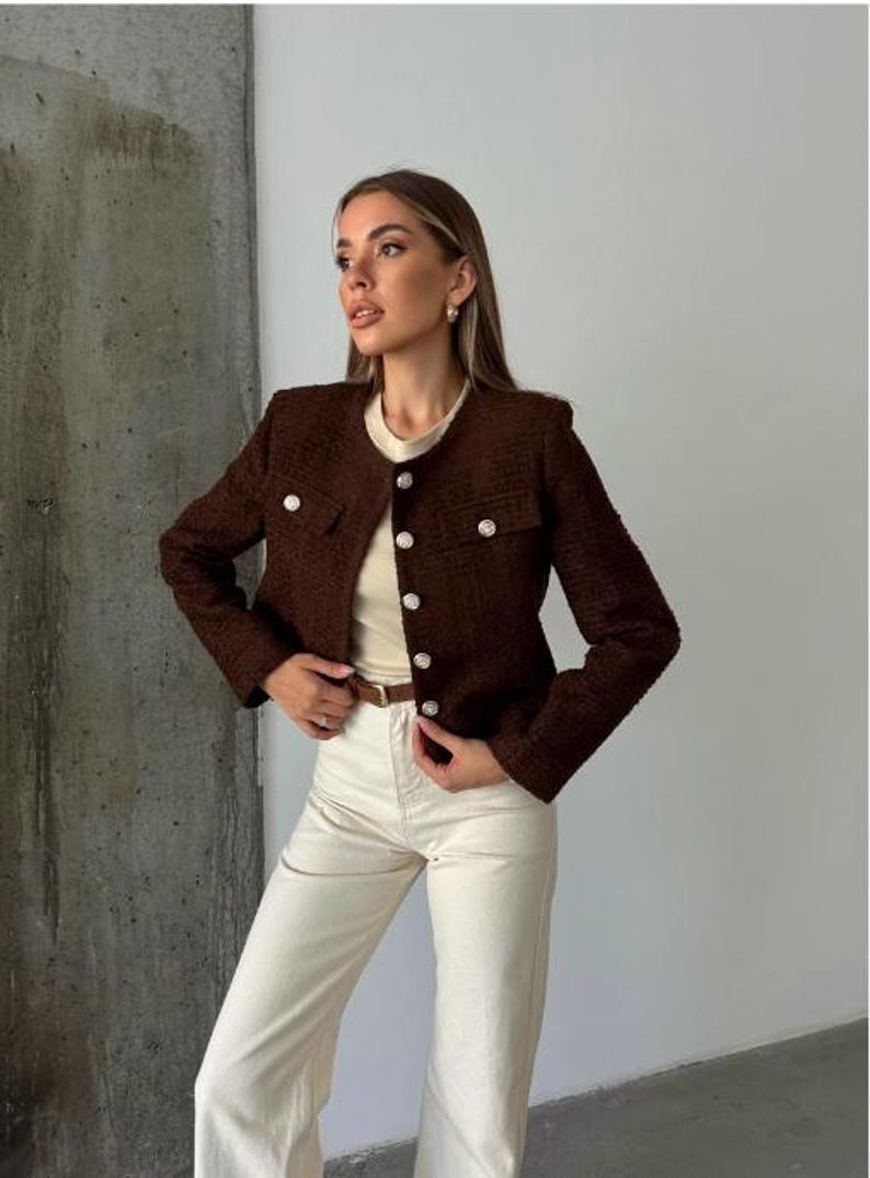 Brown Tweed Jacket Women, Tweed Blazer Women, Tweed Short Coat Jacket, Wool Blazer, Cropped ...
