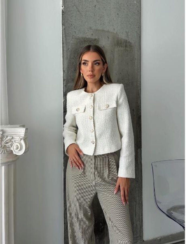 White Tweed Jacket Women, Cream Tweed Blazer Women, Beige Tweed Short ...