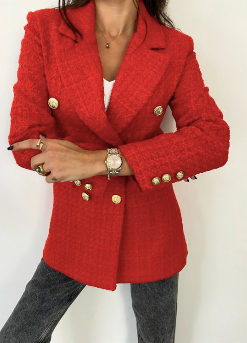 Red Tweed Jacket Women, Boucle Jacket, Long Tweed Blazer, Boucle Long ...