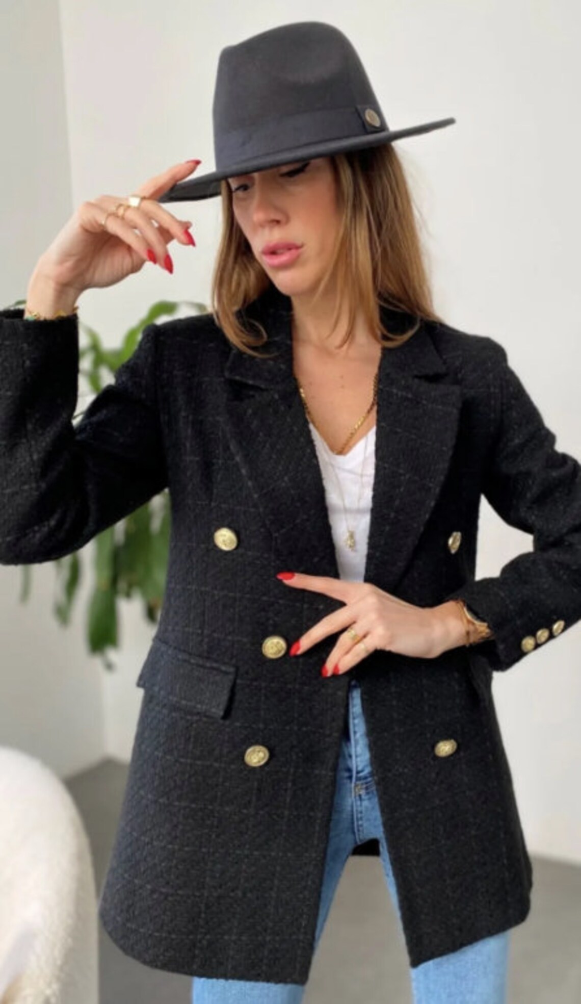 Black Tweed Jacket Women, Boucle Jacket, Long Tweed Blazer, Boucle Long ...