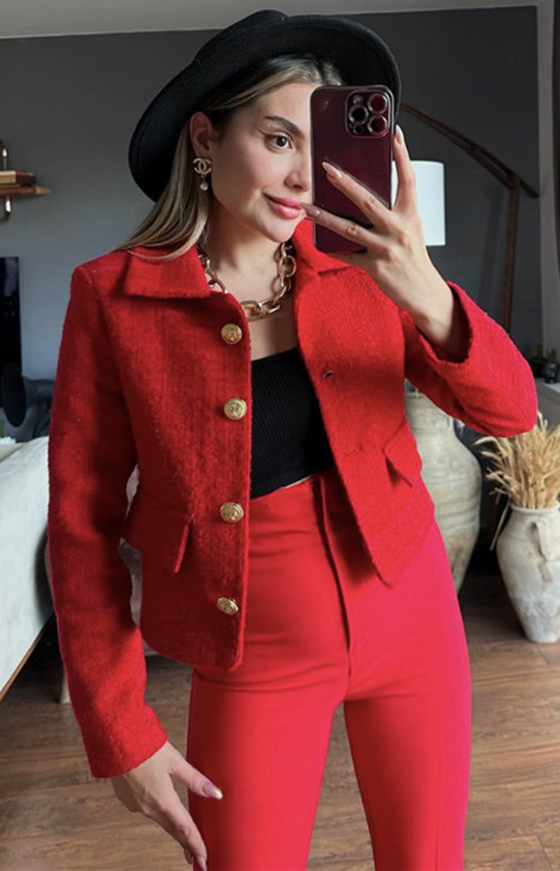 Red Tweed Jacket Women Fall Tweed Blazer Women Tweed Short Coat