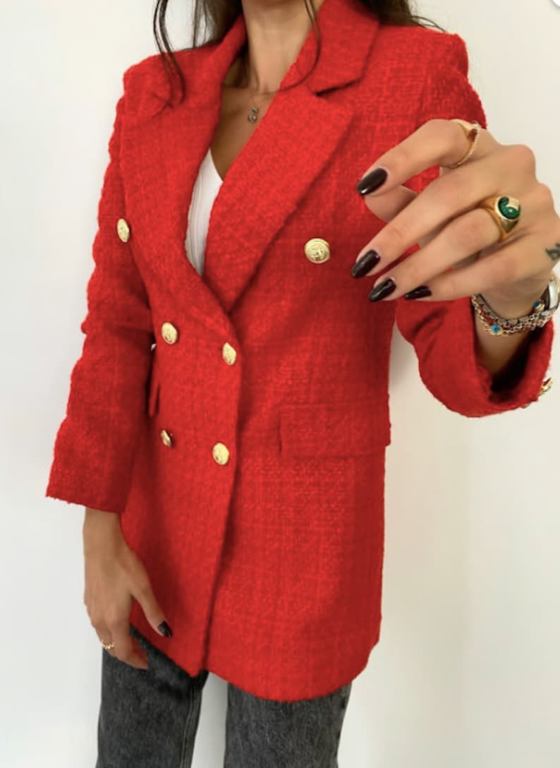 Red Tweed Jacket Women, Boucle Jacket, Long Tweed Blazer, Boucle Long ...