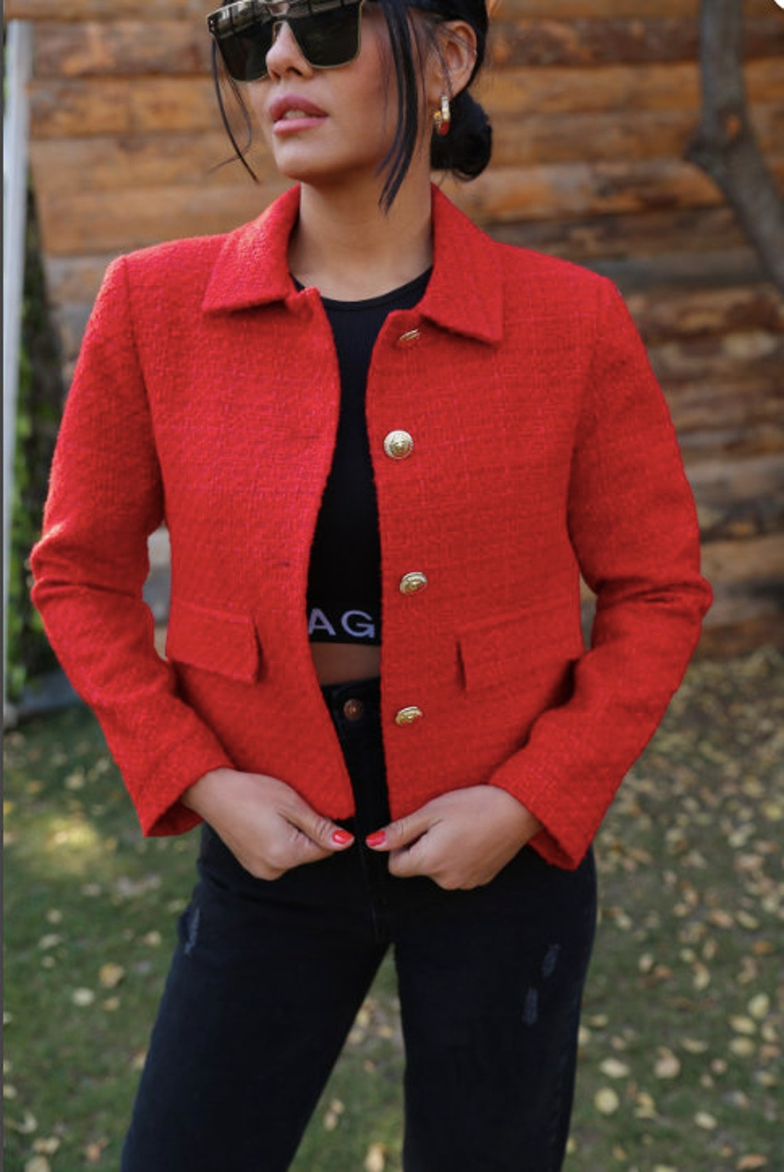 Red Cropped Tweed Blazer, Red Jacket, Tweed Blazer,tweed Short Coat ...