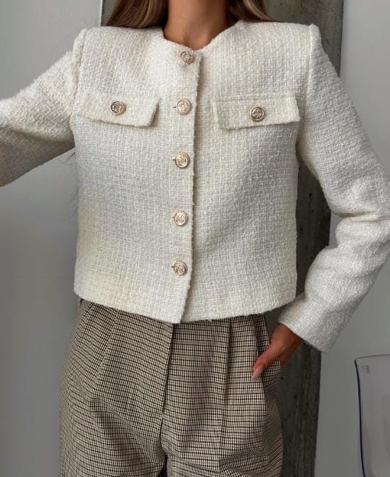White Tweed Jacket Women, Cream Tweed Blazer Women, Beige Tweed Short ...