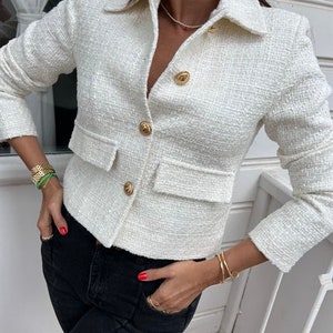 Beige Tweed Jacket Women, White Tweed Blazer Women, Tweed Short Coat ...