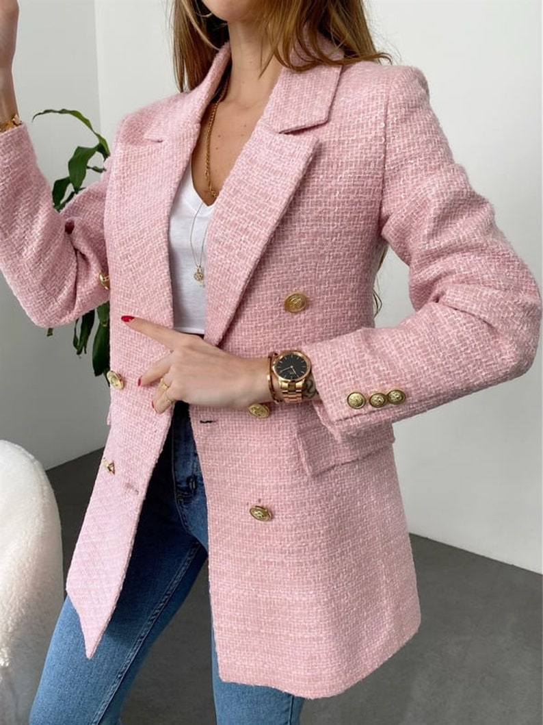 Pink Tweed Jacket Women, Boucle Jacket, Long Tweed Blazer, Boucle Long ...