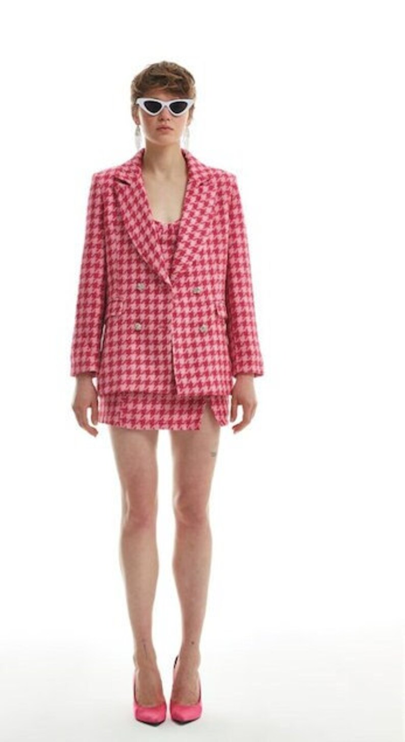 Pink Tweed Blazer Women, Tweed Jacket, Tweed Jacket Korean, Plaid ...