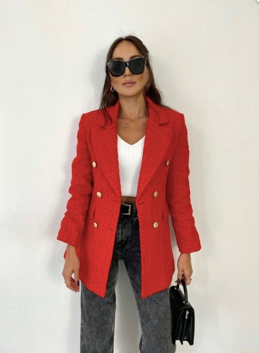 Red Tweed Jacket Women, Boucle Jacket, Long Tweed Blazer, Boucle Long ...