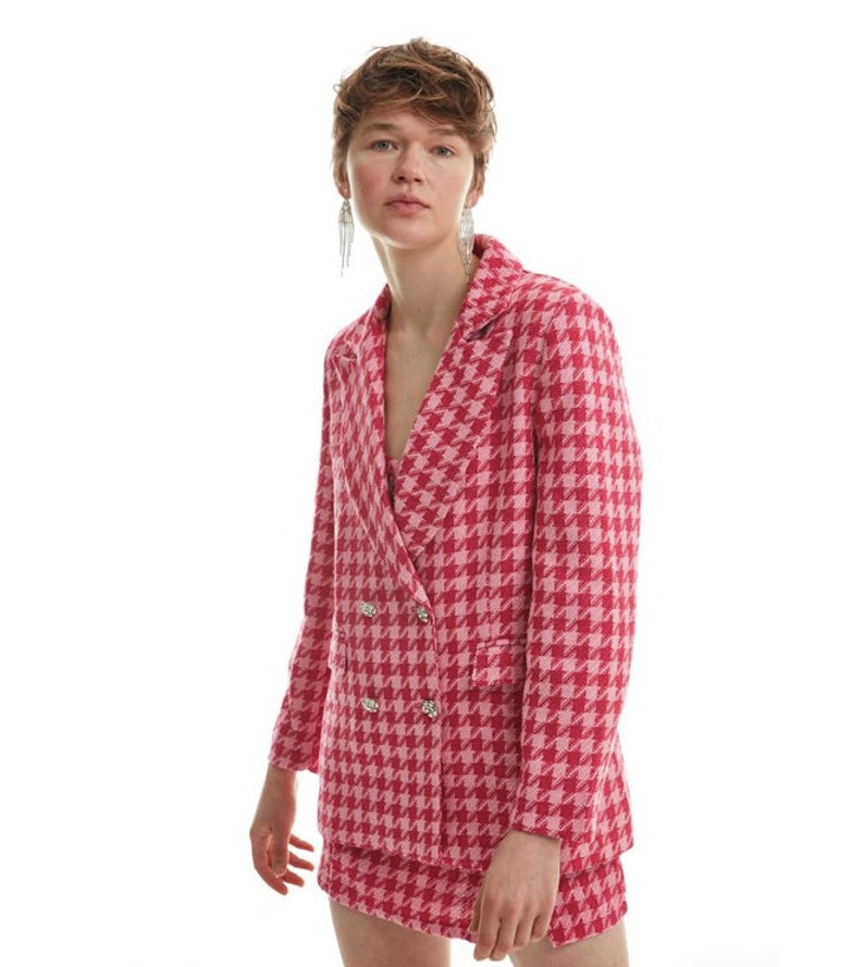 Pink Tweed Blazer Women, Tweed Jacket, Tweed Jacket Korean, Plaid ...