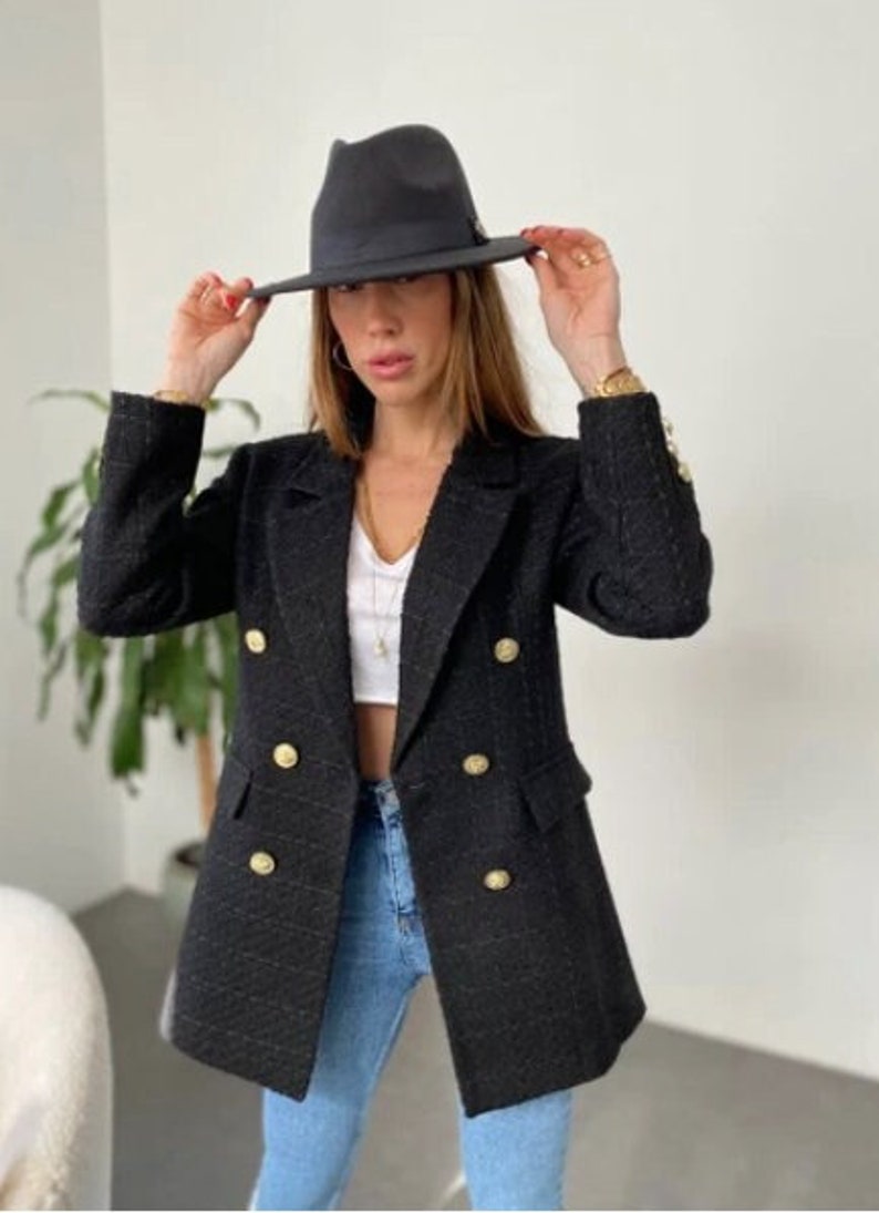 Black Tweed Jacket Women, Boucle Jacket, Long Tweed Blazer, Boucle Long ...