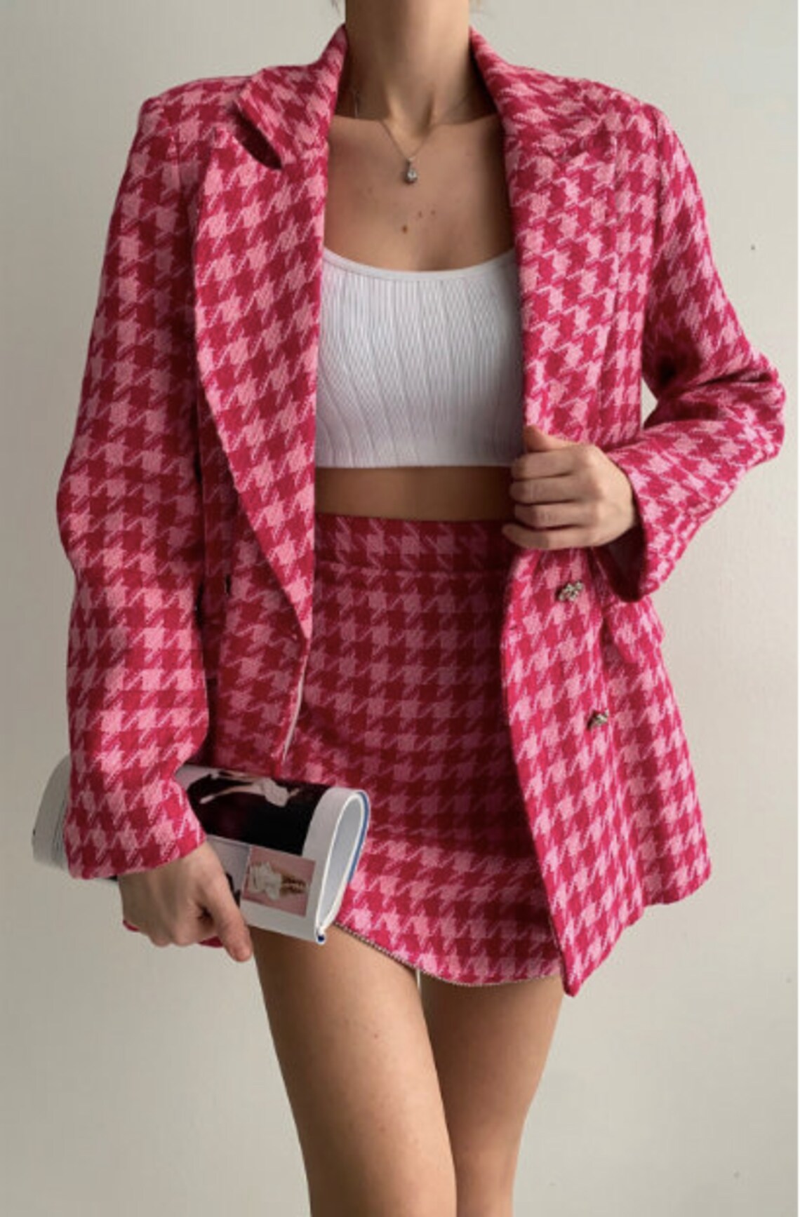 Pink Tweed Blazer Women, Tweed Jacket, Tweed Jacket Korean, Plaid ...