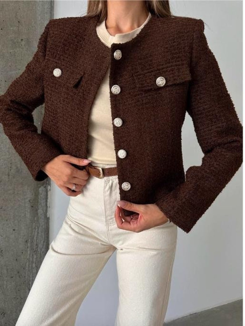 Brown Tweed Jacket Women, Tweed Blazer Women, Tweed Short Coat Jacket ...